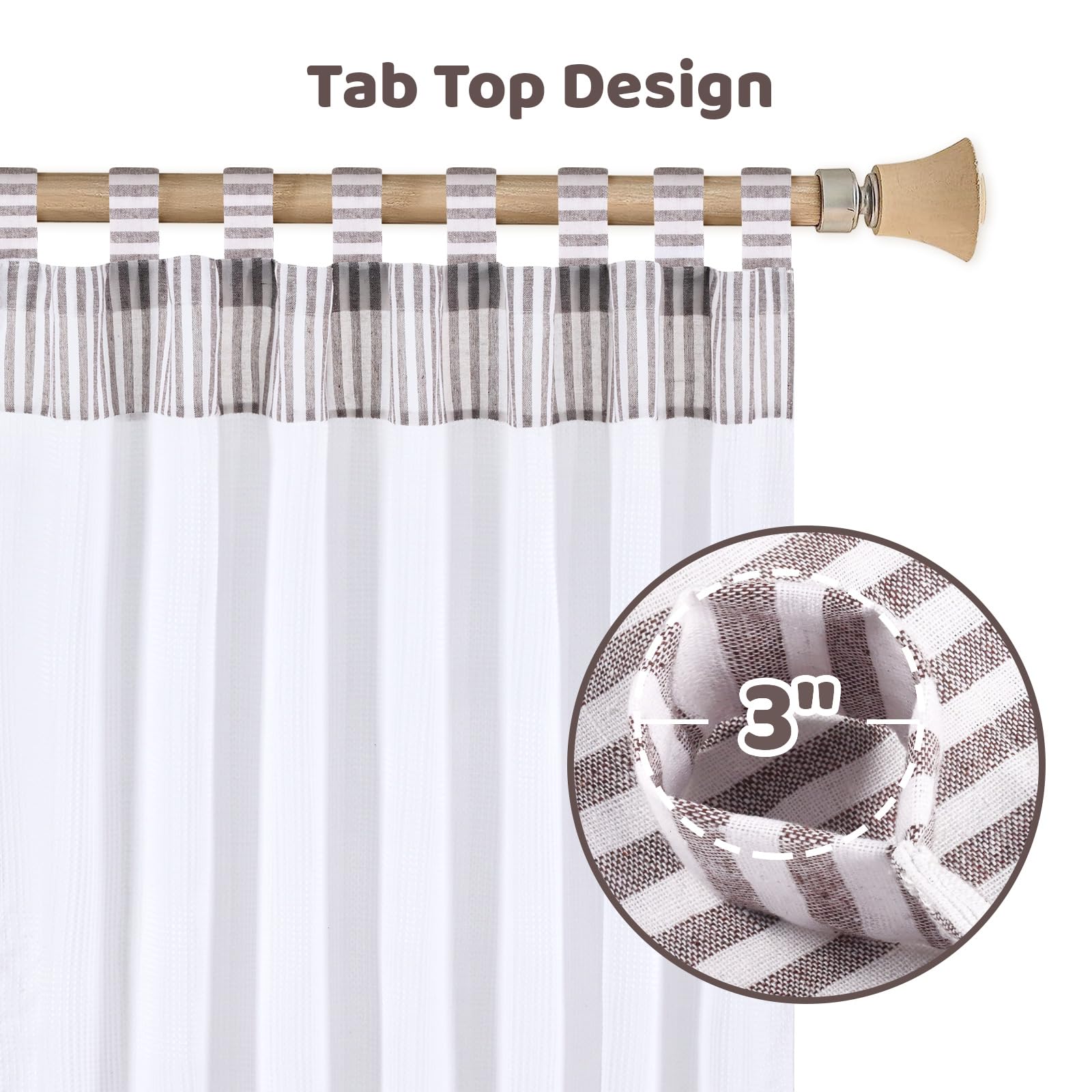 Farmhouse Kitchen Curtains Cotton Blend Waffle Weave Tier Curtains Tab Top Boho Rustic Button Curtains Brown Stripe Light Filtering Small Curtain for Kitchen Bathroom Bedroom 26''W x 36''L, 2 Panels