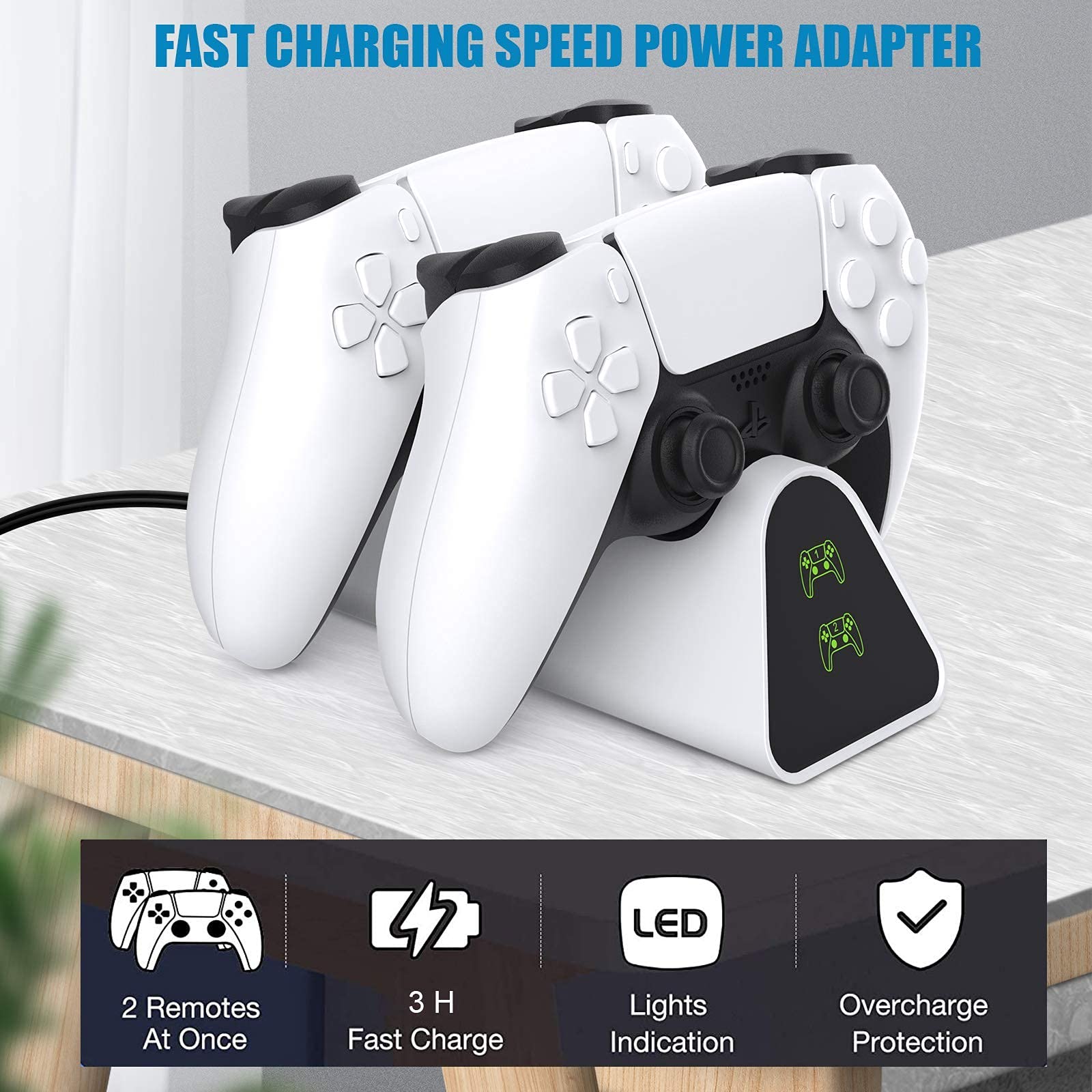 FnOoRw PS5 Controller Charging Station, Upgraded PS5 Charging Station with Long Power Cord AC Adapter, Fast Charging 3 Hours, PS5 Accessories for Dualsense Charging Station