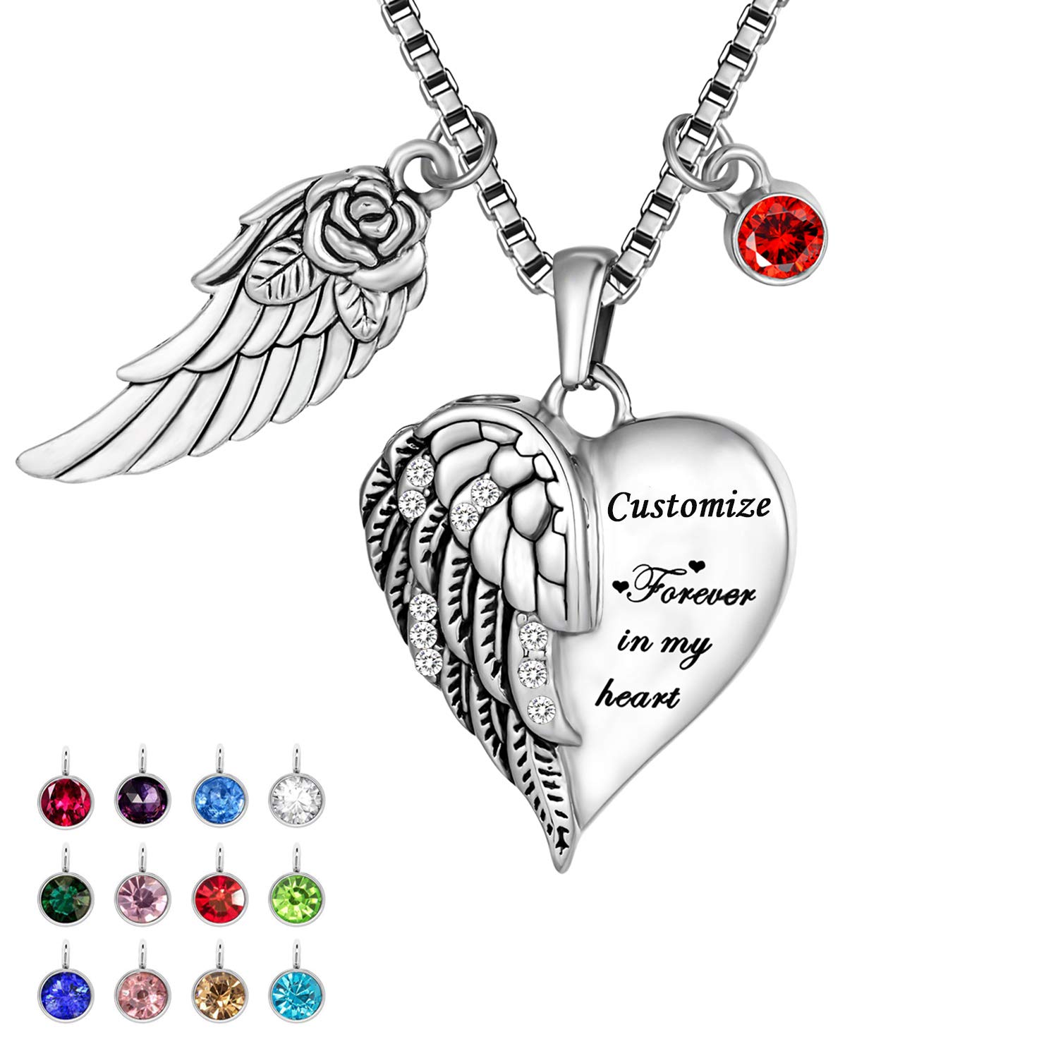 Forever in my heart with 12 Birthstones Cremation Jewelry Keepsake Memorial Urn Necklace (Customized Name)
