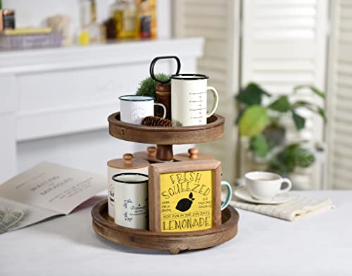 Funly mee Distressed Rustic Brown Wood Two-Tier Tray with Metal Handle,Decorative Organizer for Kitchen Counter Top, Dining Room Table