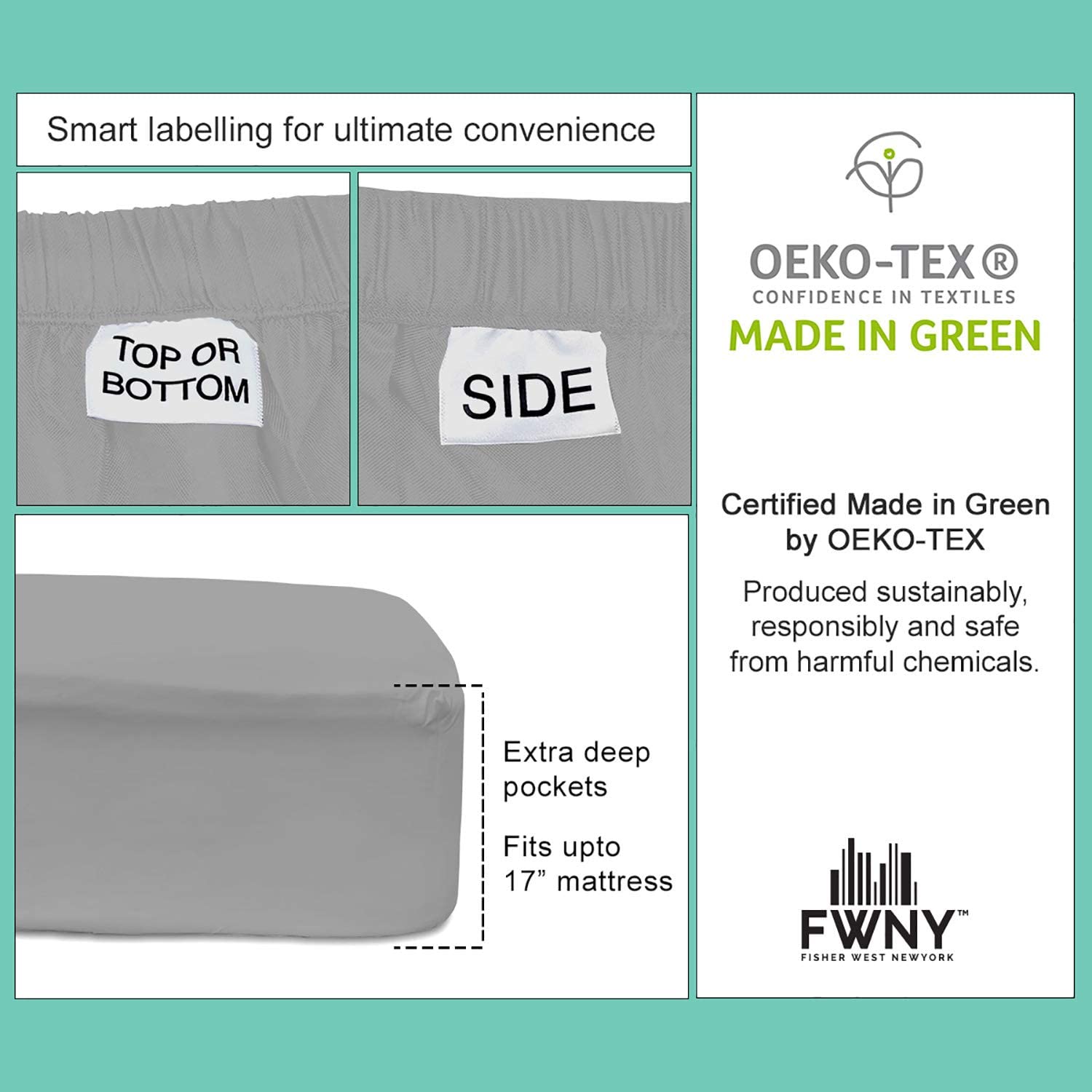 Fisher West Newyork Liberty, Sheets for Queen Size Bed, 750 TC Bedsheets with Pillow Covers for Bedroom Décor, TightFit Elastic Pocket 17" Wrinkle, Fade Resistant Fitted Sheet Set (Light Grey, 6 Pcs)