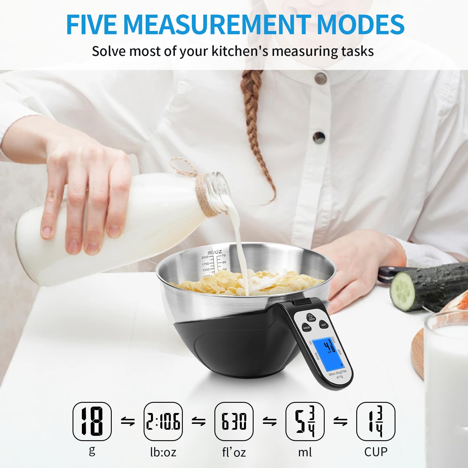 Food Scale Digital Weight Grams and Oz, YONCON Digital Kitchen Scale with Bowl - Measuring Cup, 11lb by 1g Super Accurate for Cooking, Baking, Tare Function Easy to Use (includes Batteries)