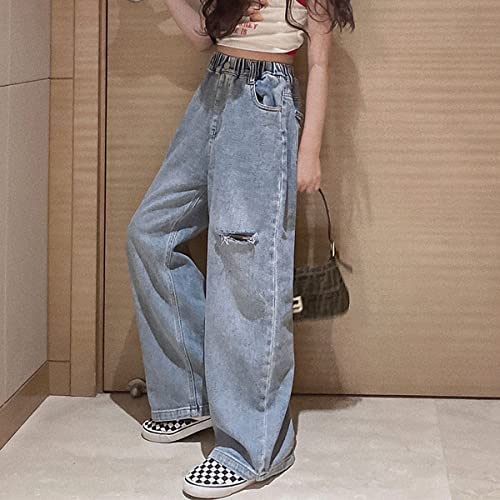 YaYabroe Kids Girls Ripped Distressed Washed Baggy Wide Leg Casual Jeans Size 5-14 yrs (11-12 Years, Blue)