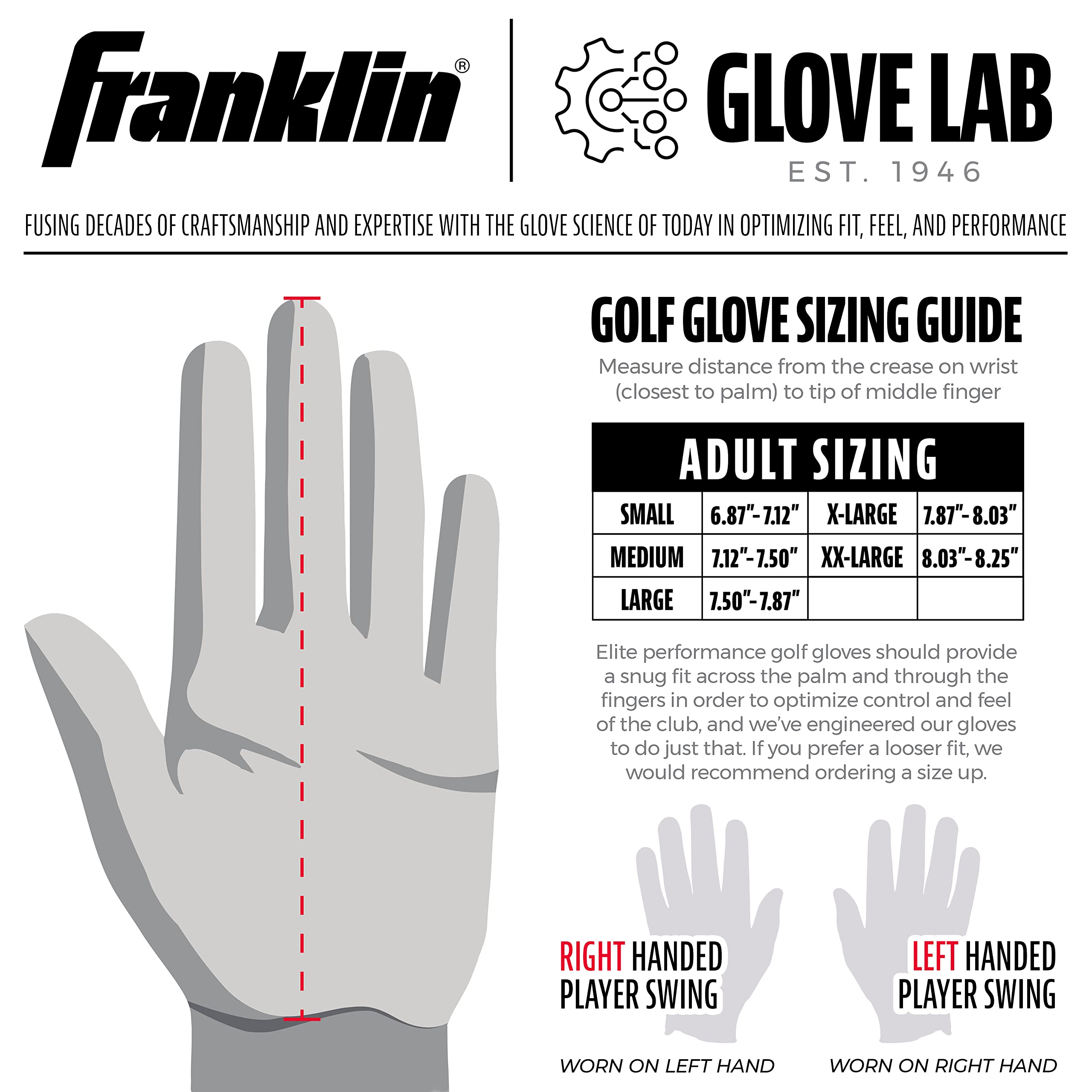 Franklin Sports Golf Glove - Pro Golf Gloves - Premium Leather Golfing Glove - Maximum Grip - Black - Left Hand Glove - Adult Extra Large