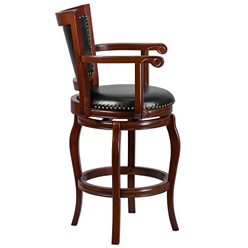 Flash Furniture Vestina 30" LeatherSoft Barstool with Footrest and Arms, Classic Ladder Back Upholstered Bar Height Stool, Cherry Wood/Black