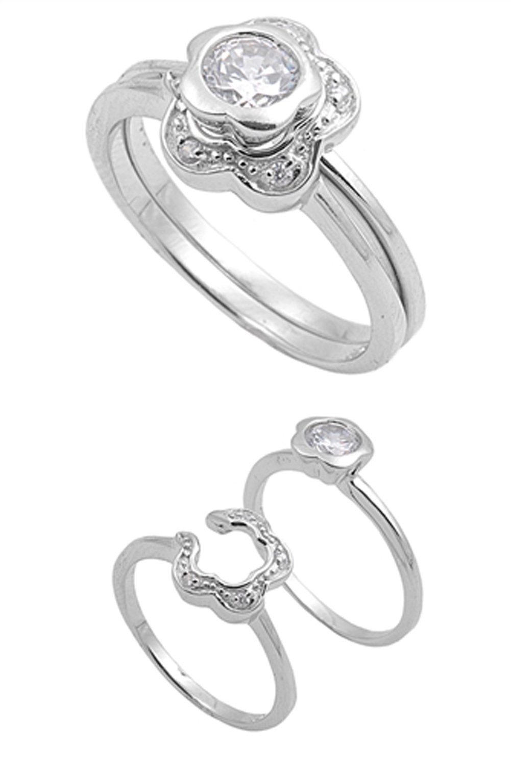 Flower Clear CZ Beautiful Wedding Ring Set .925 Sterling Silver Band Size 6