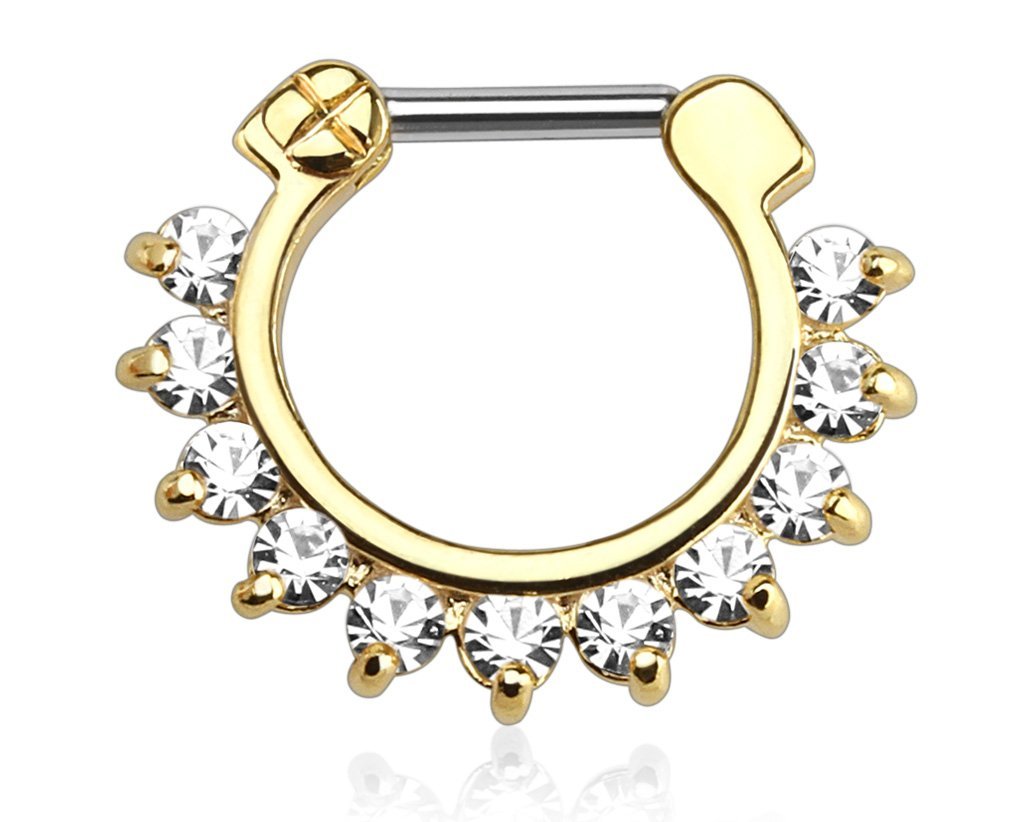 Forbidden Body Jewelry 16g 8mm Surgical Steel Septum and Cartilage/Daith CZ Lined Hoop Clicker Ring (Gold Tone)