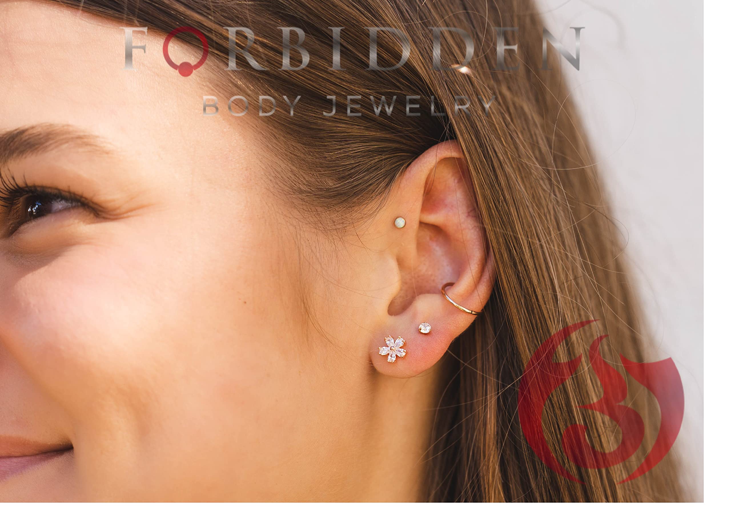 Forbidden Body Jewelry 16g 8mm Internally Threaded Cartilage, Tragus, Labret & Monroe Stud w/CZ Floral Top, 14k Gold Plated