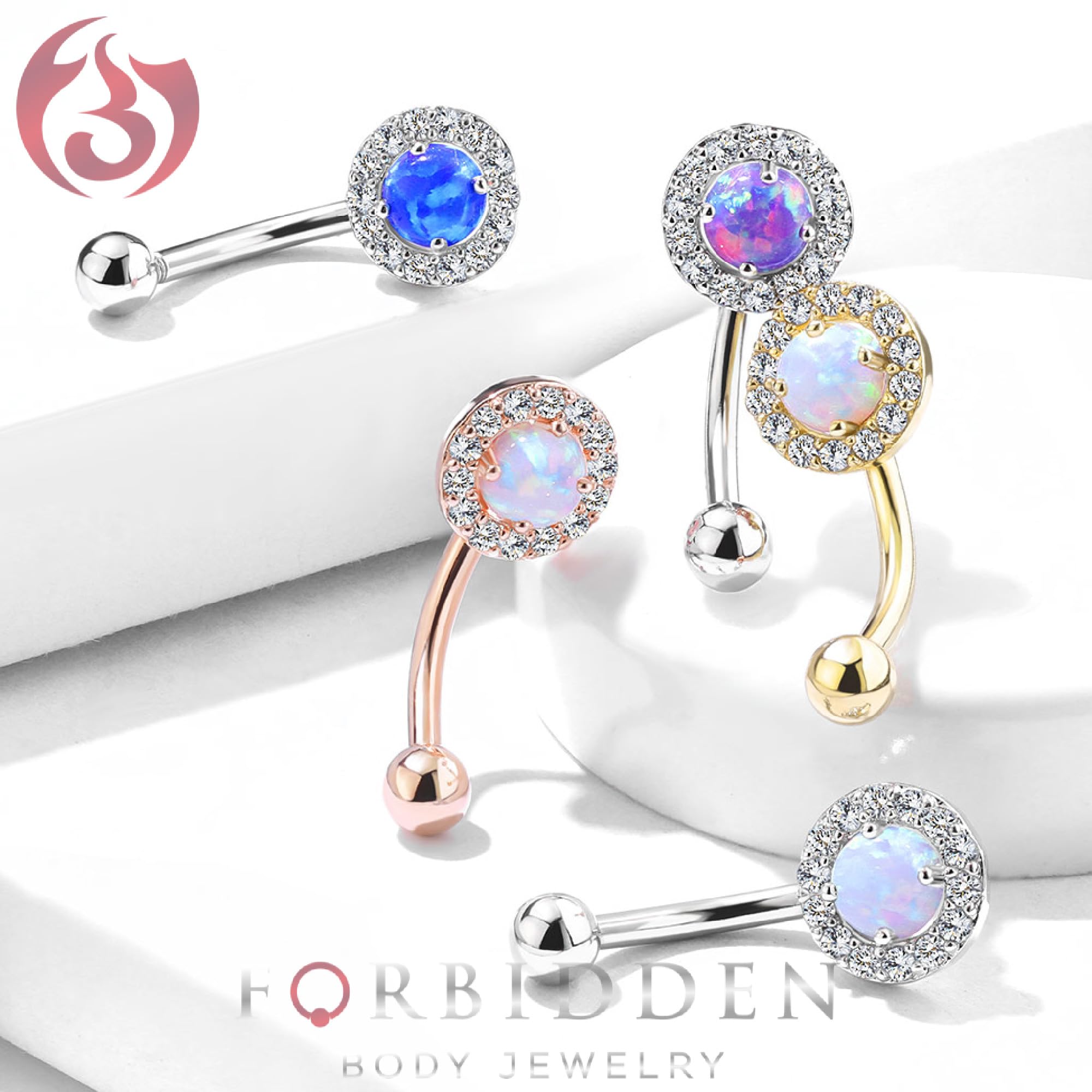 Forbidden Body Jewelry 16g 6mm Curved Barbell for Daith/Eyebrow/Rook/Belly Button w/Round CZ & Opalite Top, Purple