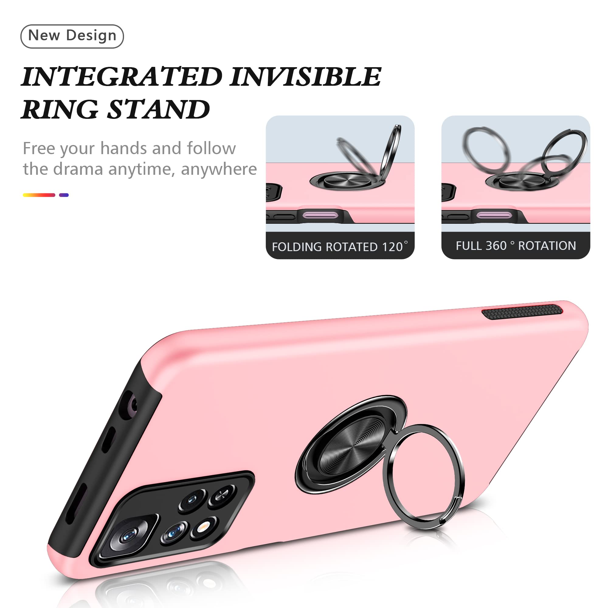 for Xiaomi Redmi Note 11 Pro 5g Case with Screen Protector 360 Degree Rotation Ring Kickstand Dual Layer Shockproof Silicone Slim Full Body Protection Durable for Redmi Note 11 Pro phone case (Pink)