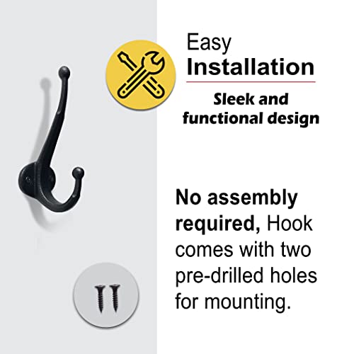 NACH Modern Double Prong Wall Hooks - Heavy Duty Decorative Black Hooks for Mudroom, Coat & Hat Rack, Towel Racks for Bathroom - Wall Mount Cast Iron Hooks - 4 Pack, 1.8x2.0x5.0 in, KE-NH-898