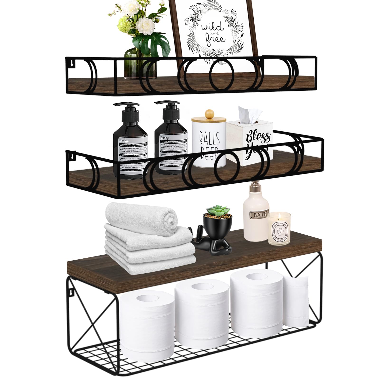 Floating Wall Shelves Set of 3, Rustic Solid Wood Bathroom Shelves for Wall DéCor, Wall Mounted Wooden Shelves Bathroom Wall Organizer Over Toilet Storage, Kitche-Black