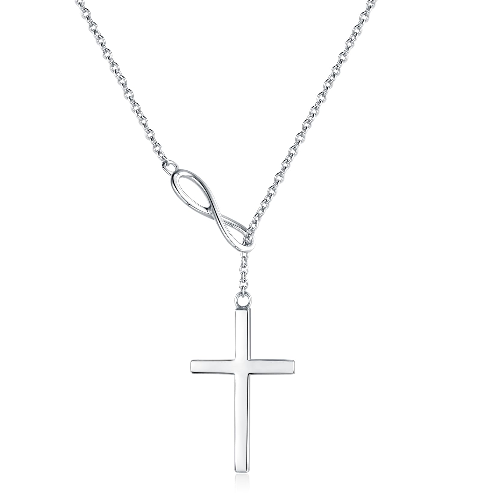 FANCIME White Gold Plated 925 Sterling Silver High Polished Infinity Cross Pendant Lariat Necklace Y Necklace Gift for Women, 18"