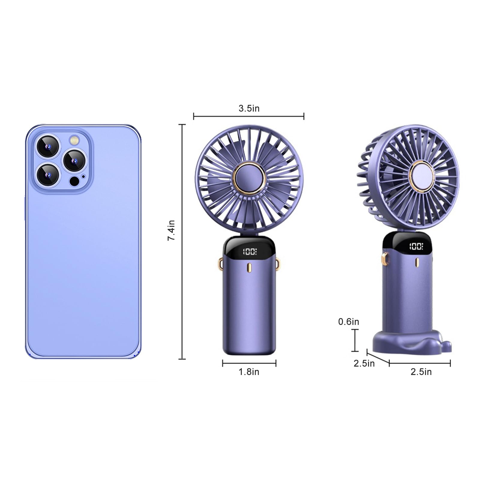 Portable Handheld Fan, Type-C Rechargeable, 4000mAh Battery Operated Fan with LED Display, 90° Foldable , 5 Speed Wind,Handheld/Neck/Desk 3 in 1 Personal Small Fan, Makeup Fan for Women (Purple)