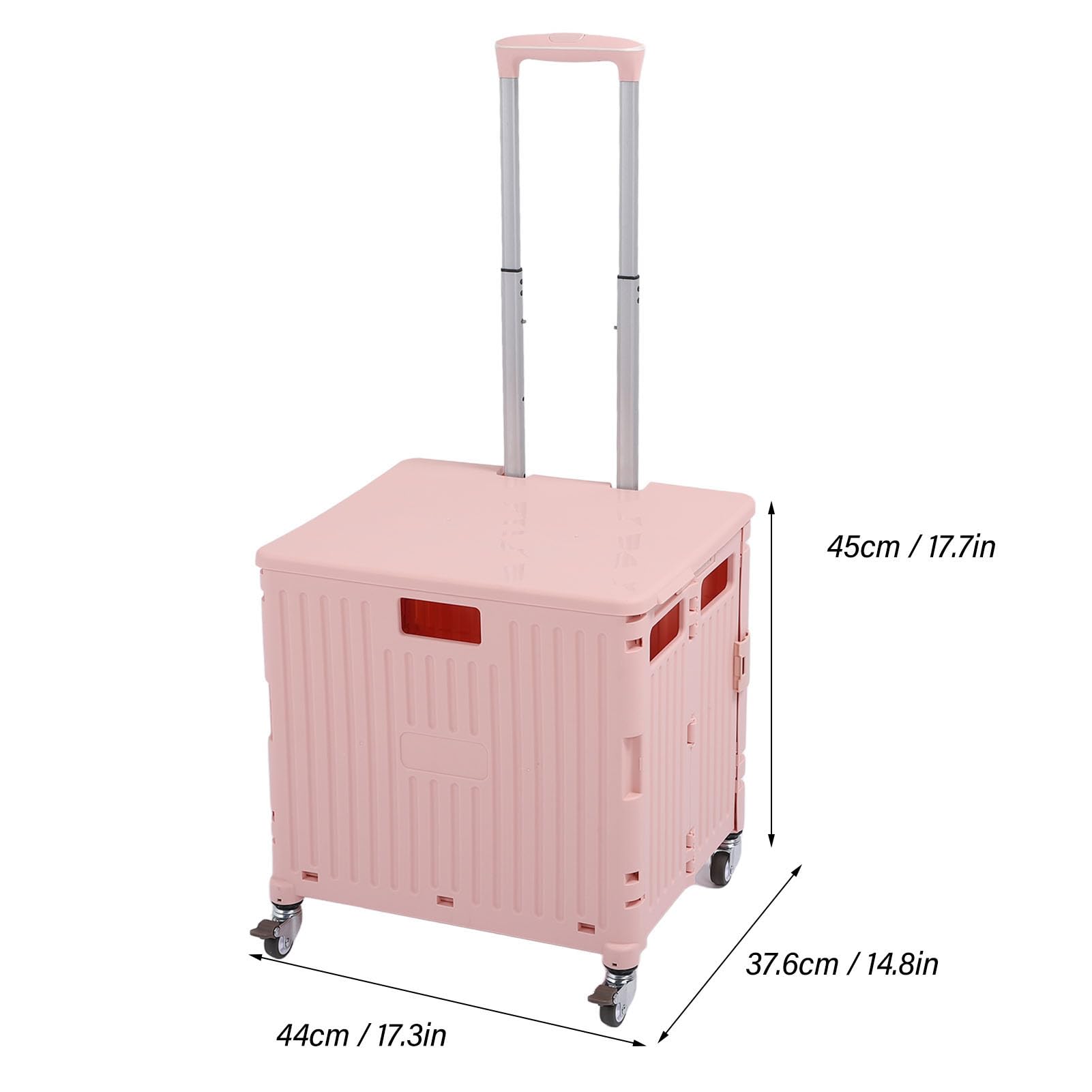 Foldable Utility Cart, Large Capacity Collapsible Rolling Box Telescopic Handle with Lid for Office (Pink)
