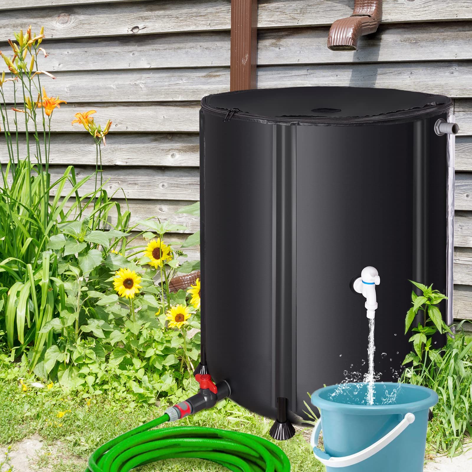 FAMIROSA Collapsible Rain Barrel, 53 Gallon Portable Rain Barrel, Rainwater Collection System for Garden Water Catcher Container, Rain Water Collection Barrel System with tick Marks, Black