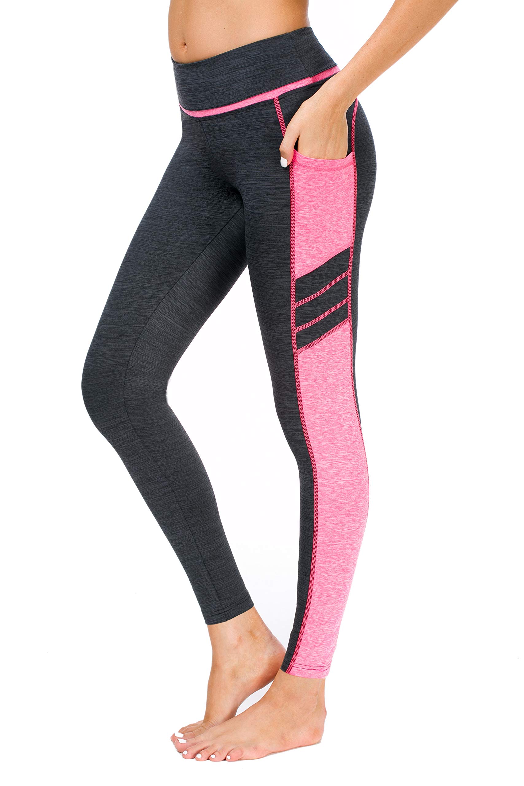 Flatik Women's Activewear Workout Yoga Pants Exercise Running Leggings with Side Pocket (X-Large, 1013Black/Black White)