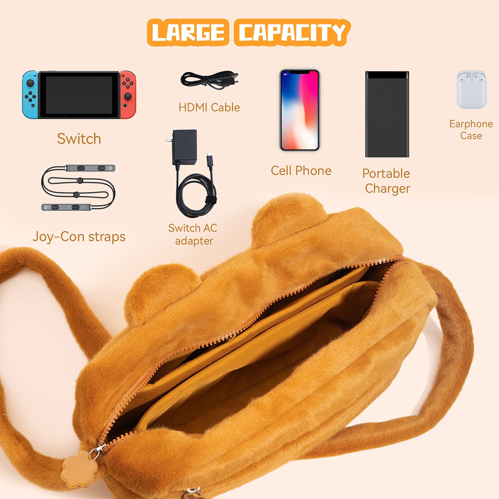 GeekShare Cute Plush Bear Bag, Large Cartoon Crossbody Shoulder Bag Carrying Case Compatible with Nintendo Switch/Switch OLED, AC Adapte, Handphone, Earphone Case and Other Accessories