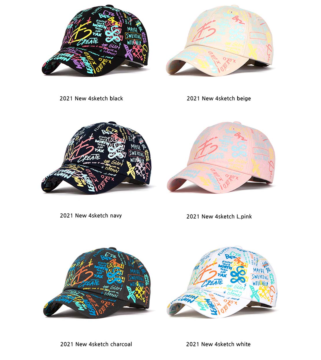 Flipper New Version of Designer Multi Colors Doodle Sketch Graffiti Cotton Baseball Cap K-pop Korean Dad Hat, (White, Large ~ X-Large (23 1/8" ~ 23 7/8"))