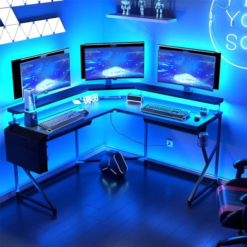 Fangflower L Shaped Computer LED Lights and Power Outlets, 51" Monitor Stand, Cup Holder, Corner Gaming Desk with Hooks for Home Office, Black