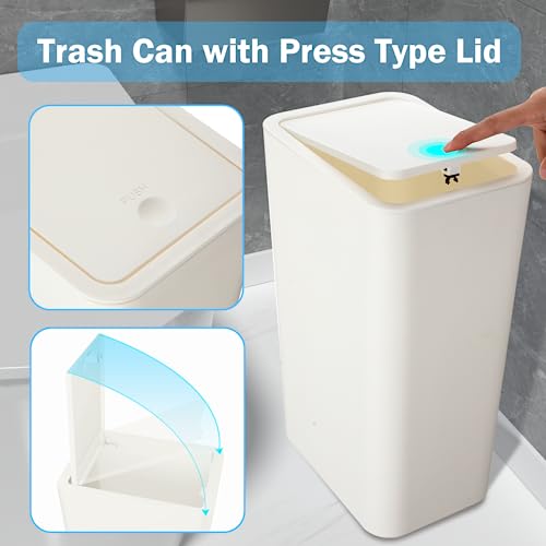 SHPMXUPW 3 Pack Bathroom Small Trash Can with Lid,10L / 2.6 Gallon Slim Garbage Bin Wastebasket with Pop-Up Lid for Bedroom, Office, Kitchen, Craft Room, Fits Under Desk/Cabinet/Sink/White