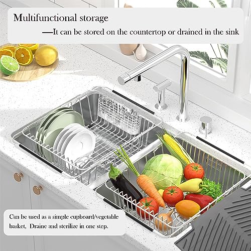 YEECOPON Dish Rack in Sink, Expandable Over The Sink Dish Drying Rack with Utensil Holder and Silicone Drainage pad (Medium + 16" Silicone pad)