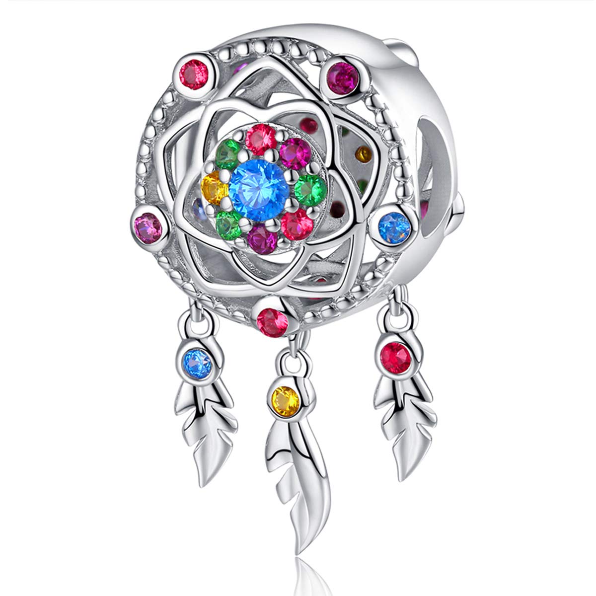 FOREVER QUEEN Dream Catcher Charm fit Charms Bracelet 925 Sterling Silver Feathers Tassel Bead Charm with Colorful Stones Pendant for European Bracelets Necklace