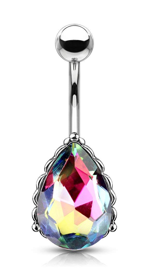 Forbidden Body Jewelry Surgical Steel Belly Ring with Iridescent AB Effect Tear Drop Crystal, Rainbow