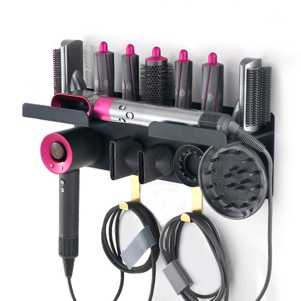 Floatant Wall Mount Holder Adhesive for Dyson Airwrap Styler Supersonic Hair Dryer, Nail-Free or Perforat to Install, Organizer Storage Rack with Hooks Steel Rings for Curling Barrels Brushes
