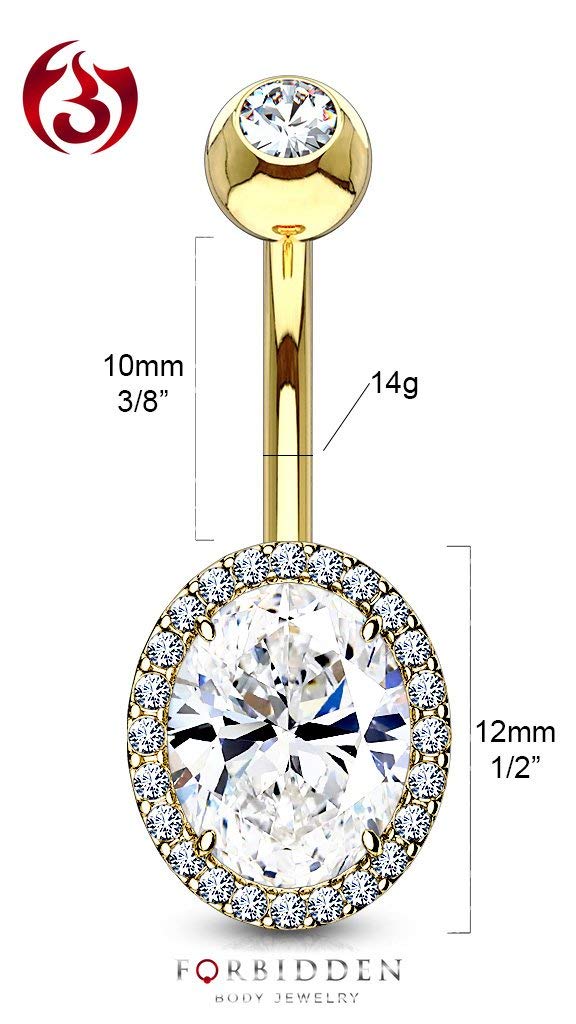 Forbidden Body Jewelry Surgical Steel Double Tiered Fancy CZ Oval Belly Button Ring with Large CZ Center, Clear (Gold Tone)