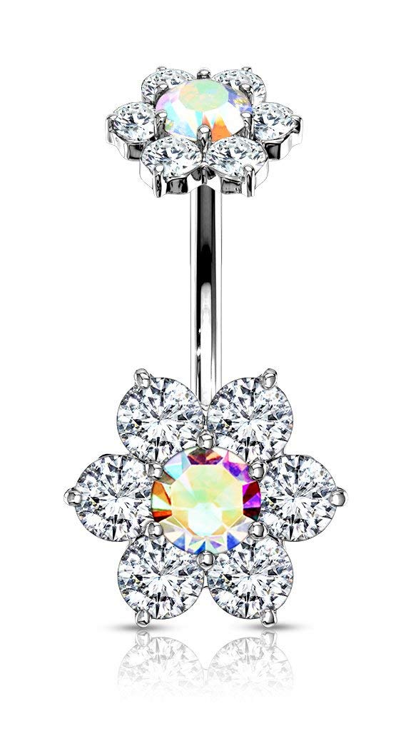 Forbidden Body Jewelry Surgical Steel Belly Ring with CZ Flower Design & Internally Threaded Matching Top, Clr/Aurora Borealis