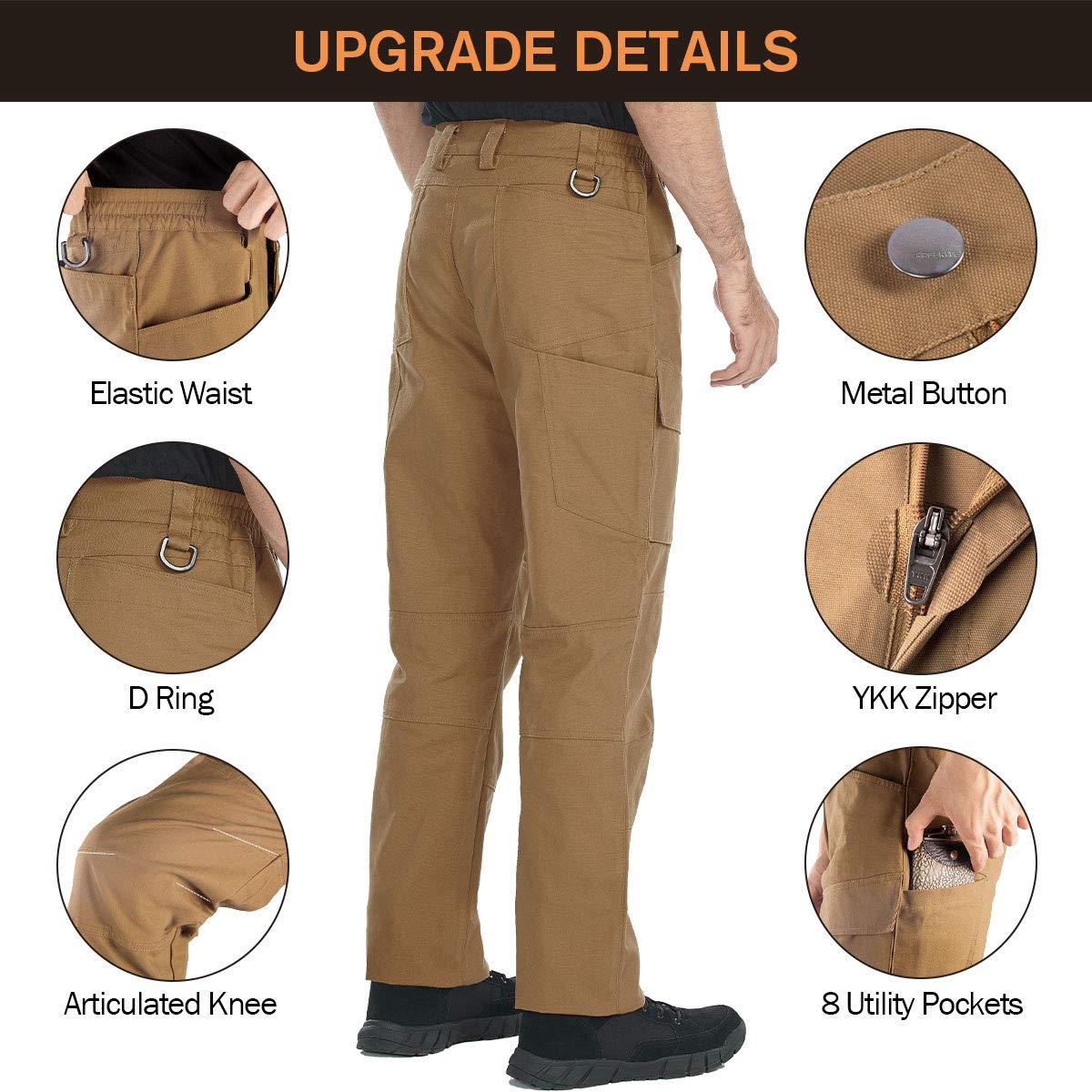 FREEKITE Men's Tactical Waterproof Pants Ripstop Cargo Pants Relaxed Fit Outdoor Hiking Work Pants with Pockets(Dark Brown,40W/30L)