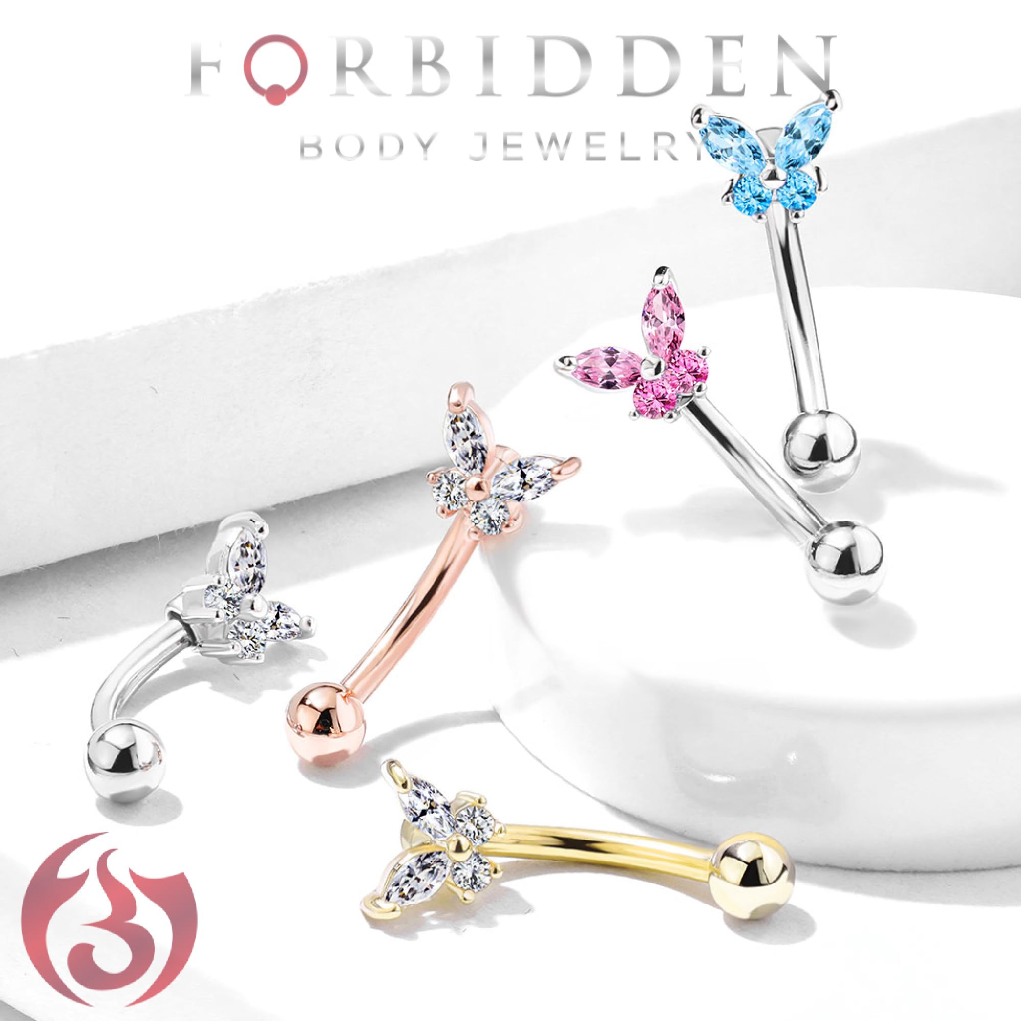 Forbidden Body Jewelry 16g 8mm Curved Barbell for Daith, Eyebrow, Rook & Belly Button w/CZ Butterfly Top, Clear/Gold Tone