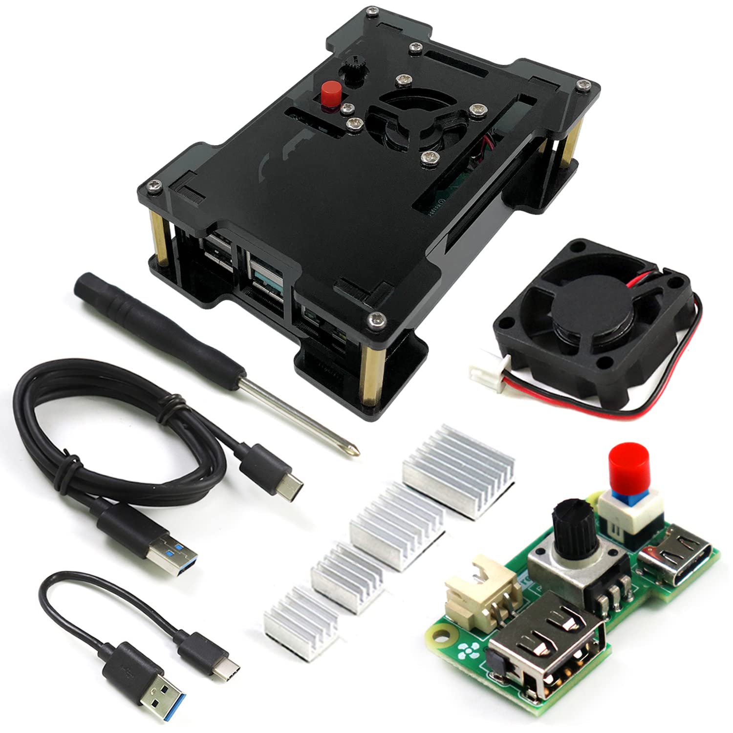 Freenove Case Kit for Raspberry Pi 4 B, Adjustable Speed Cooling Fan, Built-in Power Switch, Acrylic Protective Case, USB Cable