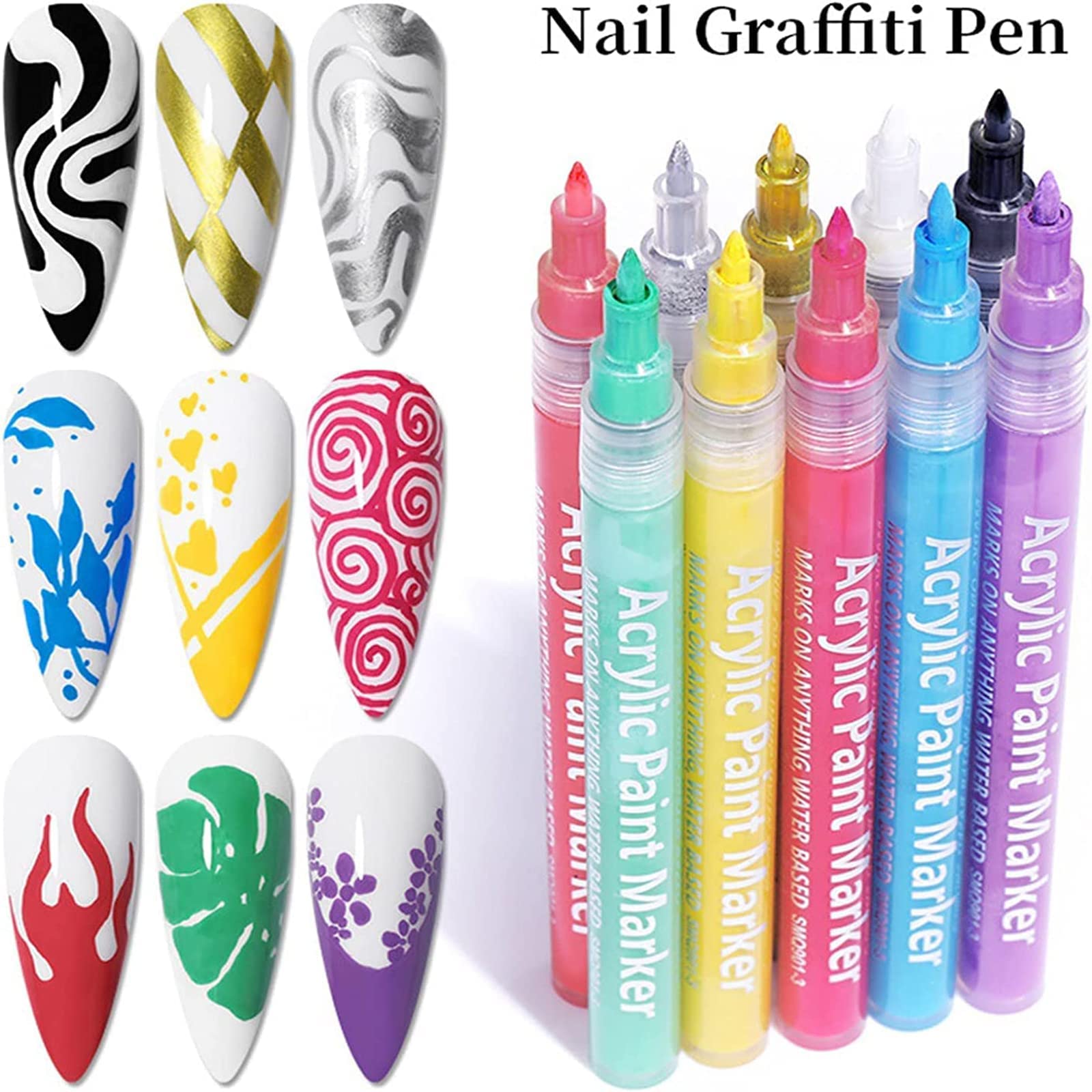 MAITING 10 Color 3D Nail Art Pens Set, Nail Point Graffiti Dotting Pen Drawing Painting Liner Brush for DIY Nail Art Beauty Adorn Manicure Tools