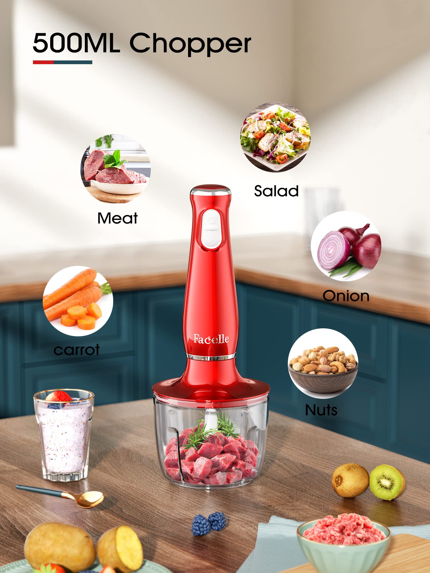 Facelle Hand Blender 1000W, 4-In-1 Immersion Electric Handheld Blender, Stick Blender Set with Chopper, Beaker, Whisk for Smoothie, Baby Food, Sauces Red, Puree, Soup