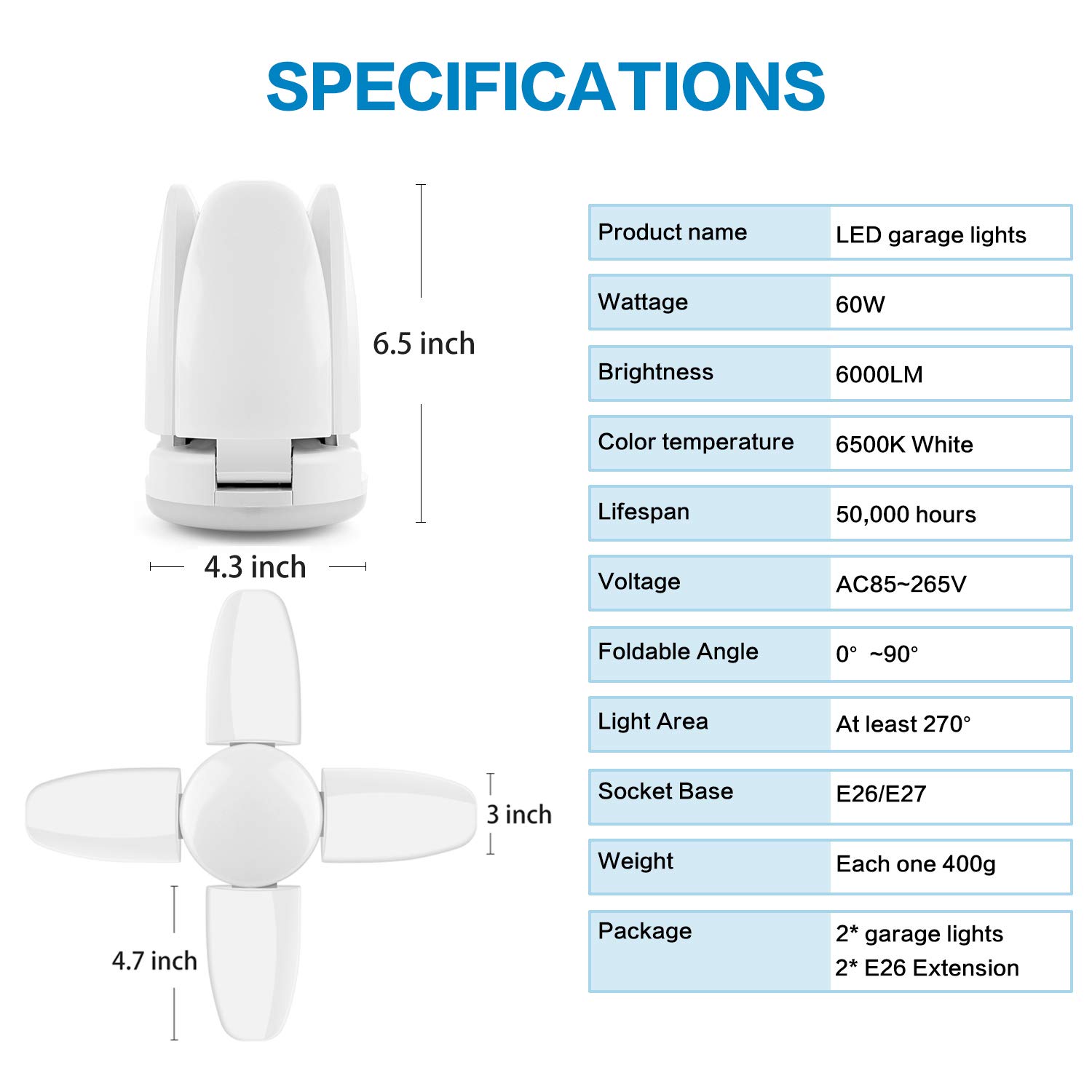 FanNicoo LED Garage Lights 500W Equivalent Deformable Ceiling Bulb 45W 4500LM 6500K Cool Daylight White,E26/E27 Medium Base Led Shop Light for Garage Basement Shop Workshop Warehouses Barn