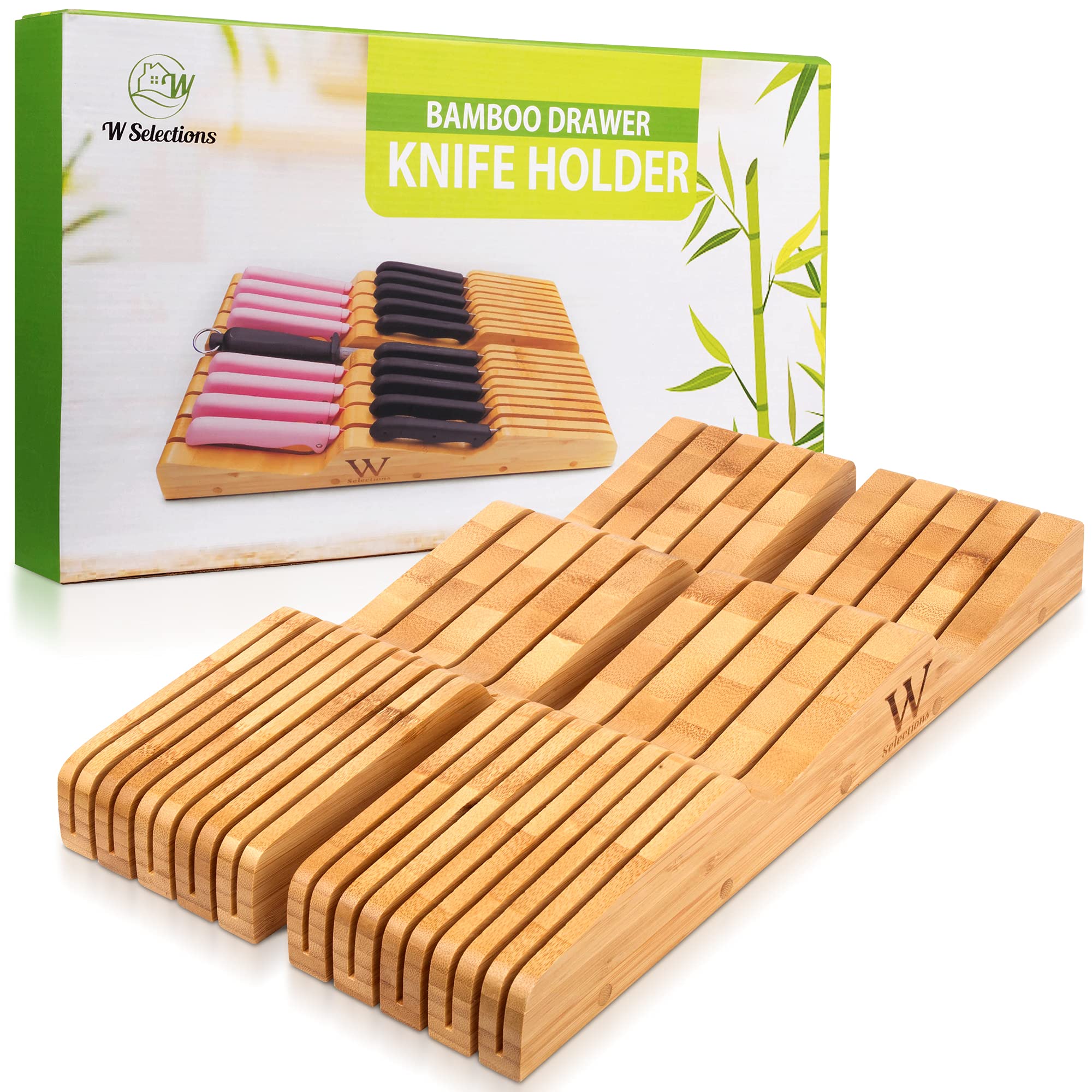 W Selections Bamboo Knife Drawer Organizer Insert - Kitchen Storage Holder for [18~26 Knives & 1~2 Honing Steel] Organization - Saves Countertop Space & Made of Premium Quality Moso Bamboo