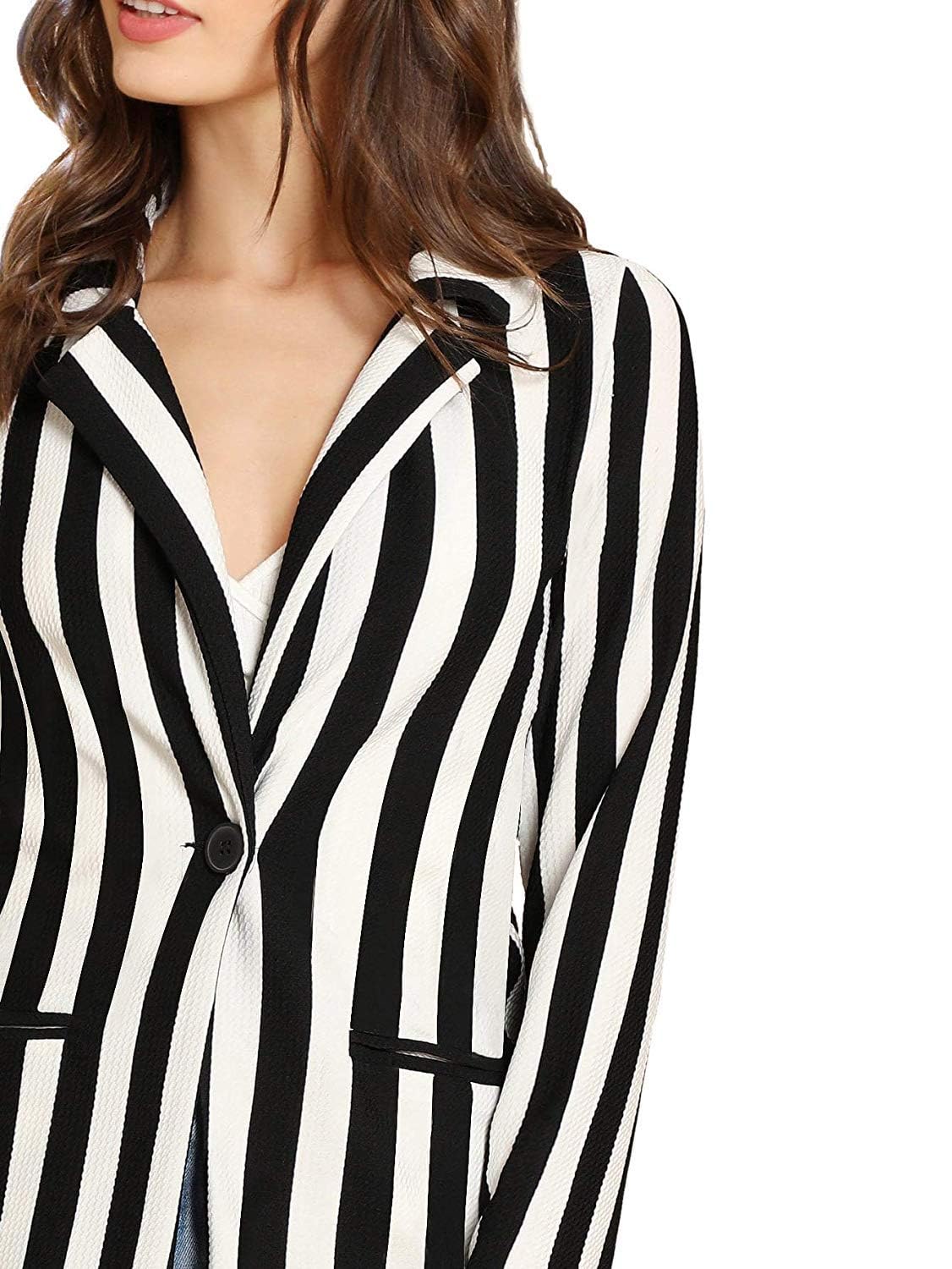 Floerns Women's Casual Work Office Open Front Striped Blazer Black White XL