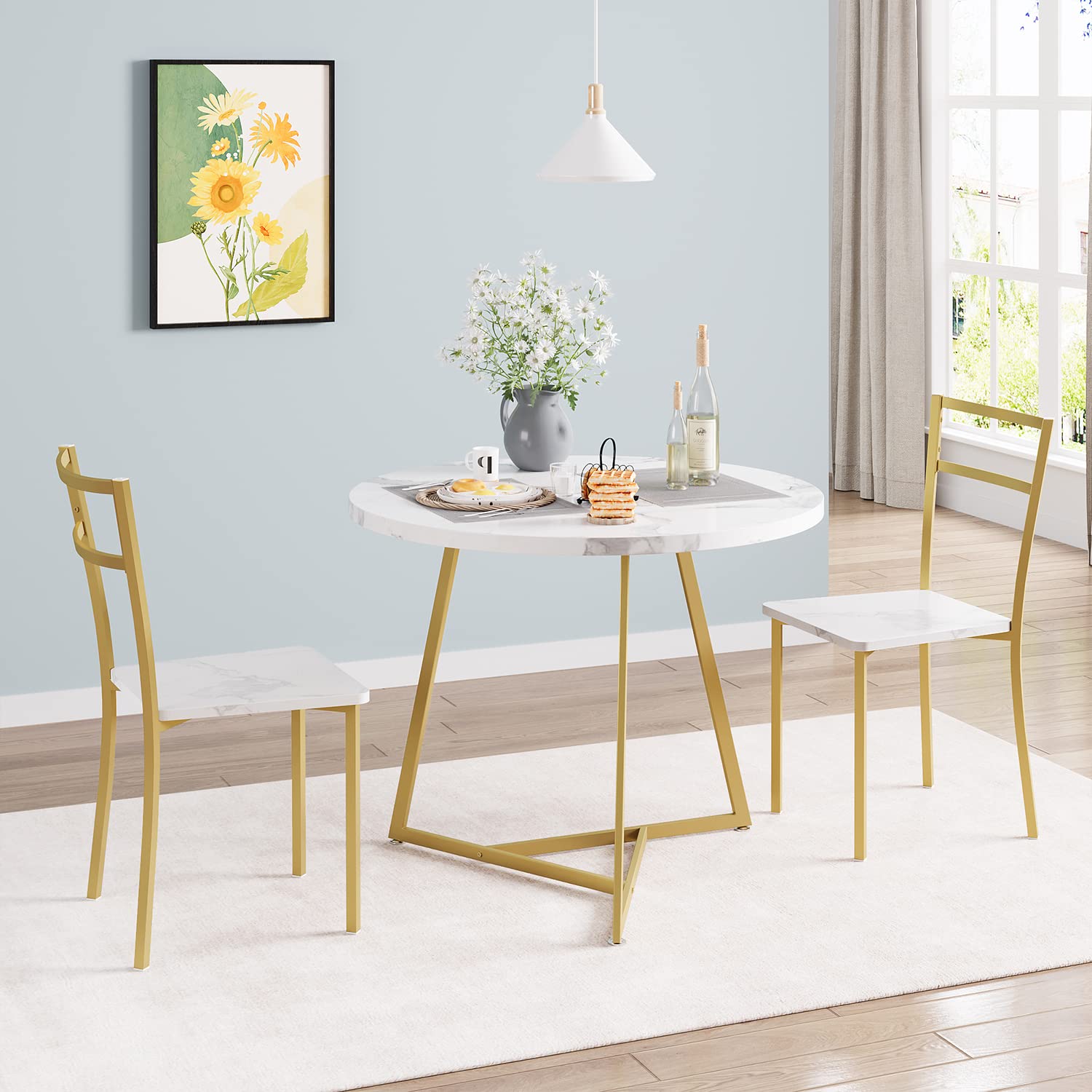 Fancihabor Round Dining Table Set for 2, Kitchen Table and Chairs for 2, Dining Room Table Set, 3 Piece Dining Table Set for Small Space, Apartment, Studio, Marble White Gold