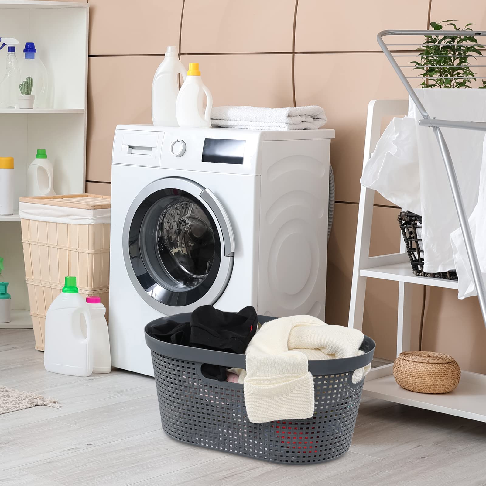 Sandmovie 4 Packs Plastic Laundry Baskets, Large Dirty Clothes Hampers with Cutout Handles, Grey, 42 L