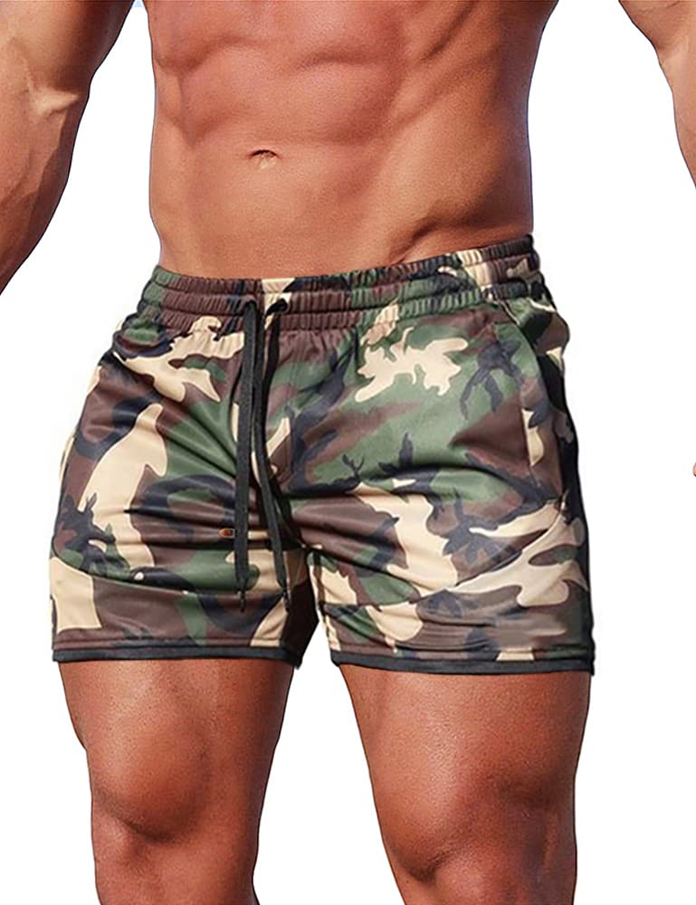 FLYFIREFLY Men's 4" Workout Running Shorts Quick Dry Lightweight Gym Yoga Shorts Green Camo