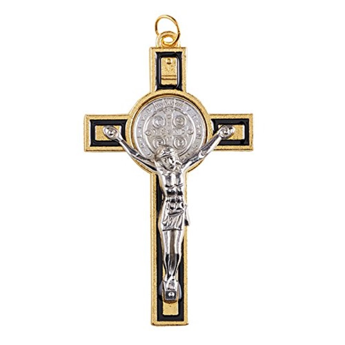 Faith Jewelry Collection Gold and Silver Toned St Benedict Crucifix Charm Pendant, 2 7/8 Inch