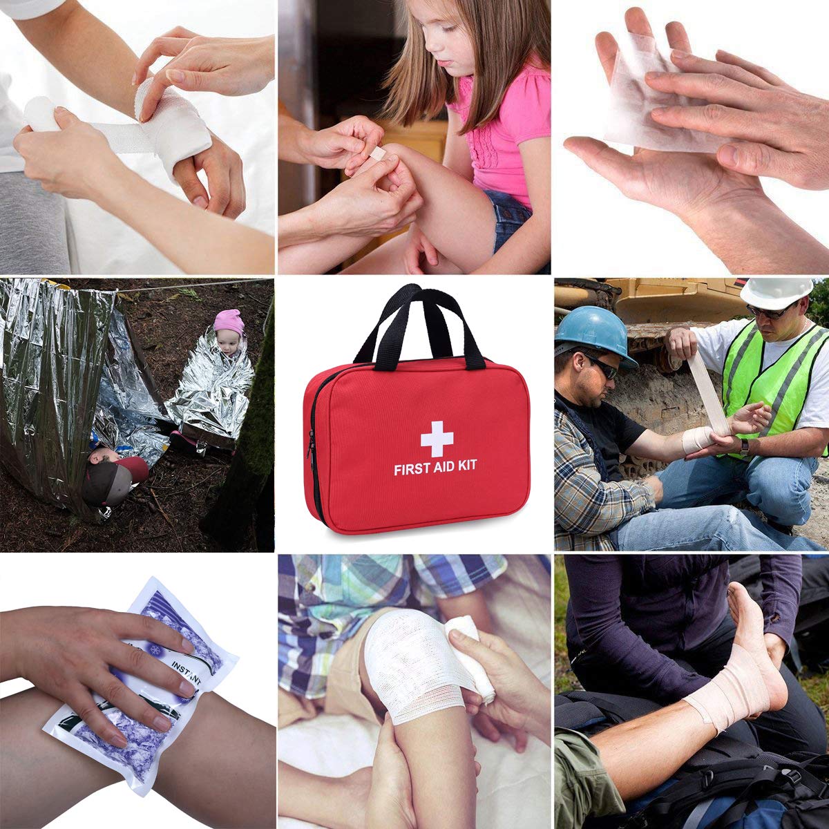 First Aid Kit - 230 Piece - for Car, Home, Travel, Camping, Office or Sports | Red Bag/Reflective Cross, Fully Stocked with Essential Supplies for Emergency and Survival