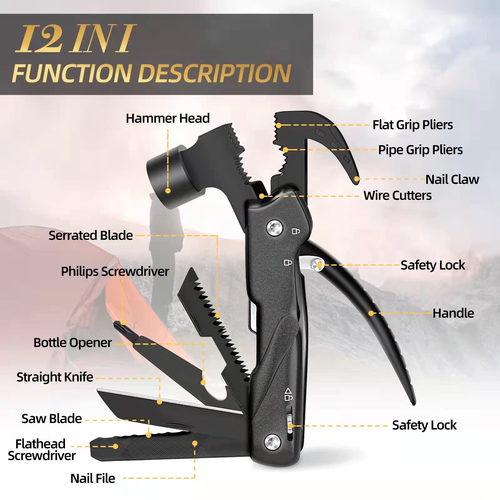 Gifts for Dad, 12-in-1 Mini Multitool with Tactical Pen, Portable Survial Tools Set for Camping/Hiking/Spring Outing/Hunting, Anti-Rust Hammer with Safety Lock, Best Gift for Men Husband Boyfriend Him