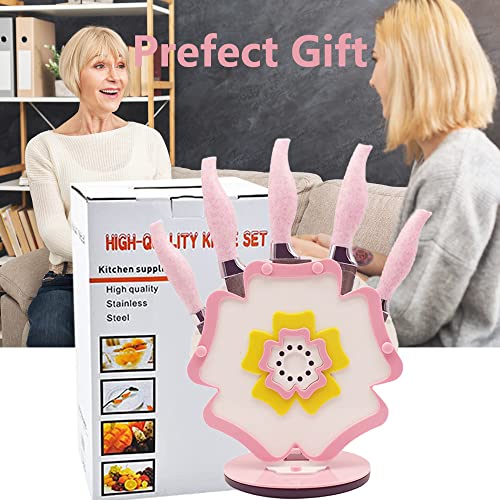 Kitchen Knives Set,7 Pcs Knife Block Set with Heart Acrylic Knives Holder Block,Non-stick Stainless Steel Cooking Knives Sets for Chef Cooking Cutting (Pink02)