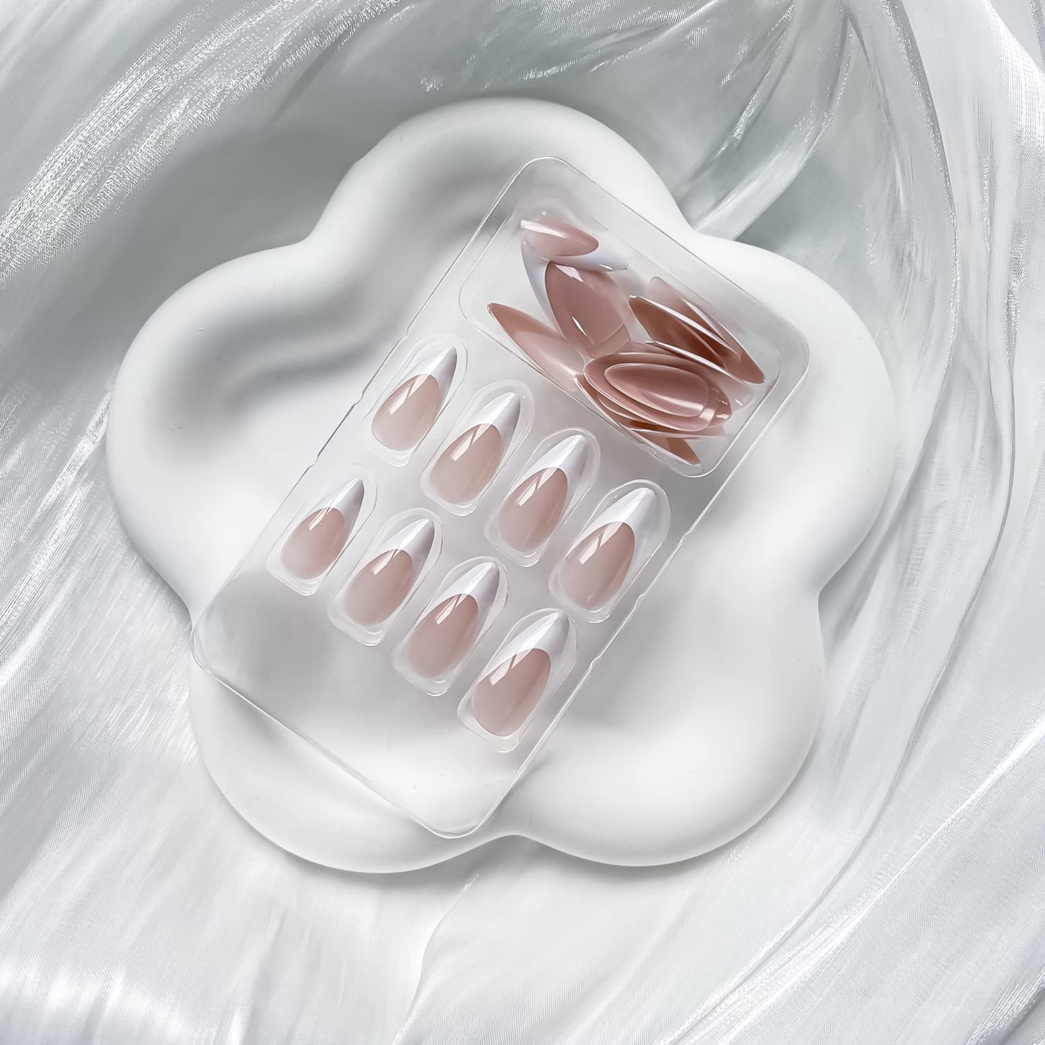 French Tip Press on Nails Long Almond Fake Nails White Tip(wide tip)Nude Pink Glossy Acrylic False Nails Kit for Women Girls Artificial Nails 24 Pcs