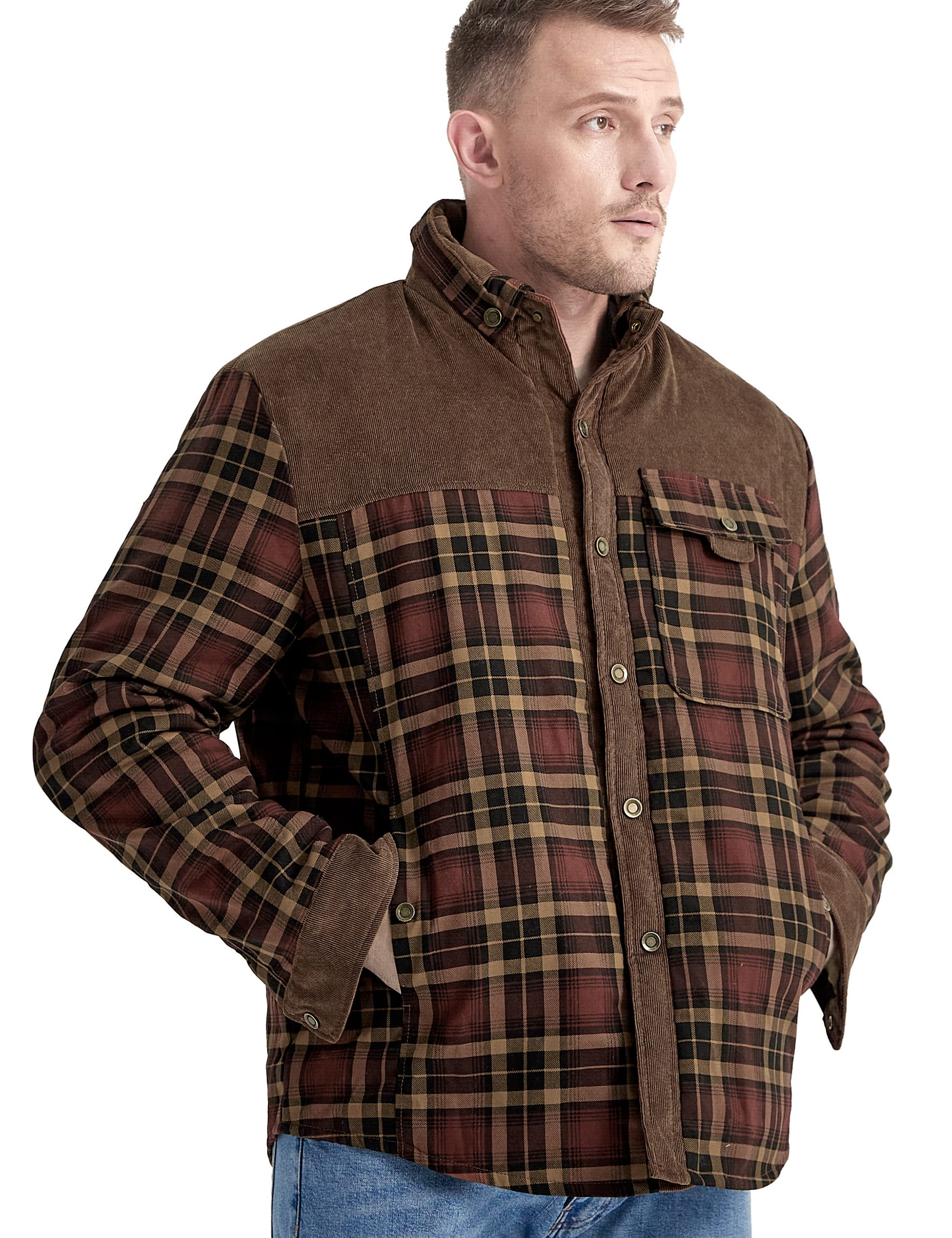 Flygo Men's Outdoor Casual Vintage Buck Fleece Sherpa Lined Flannel Camp Plaid Shirt Jacket(Coffee-M)