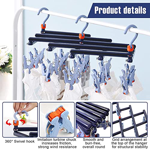 SHZMJL Foldable Clothes Drying Hanger with 29 Clips-Drip Hanger-Sock,Laundry Drying Rack Hanger for Socks Bras,The Clips Release Quickly,Large Clamp of Imitation Turbine (White)