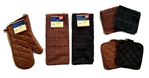 Kitchen Linens Set by Home Collection Featuring: 2 Kitchen Towels, 2 Pot Holders, 1 Oven Mitt, 2 Dishcloths (7 Piece Bundle, Solid Brown & Black)